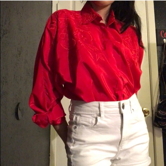 Tops | Vintage Red Embroidered Blouse | Poshmark